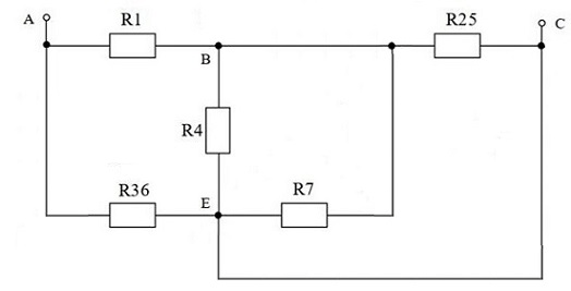 Рис.1.Схема цепи Дано:R1 = R3= R6 = 2 Ом;R2 = R4= R5= R7 = 8 Ом ...